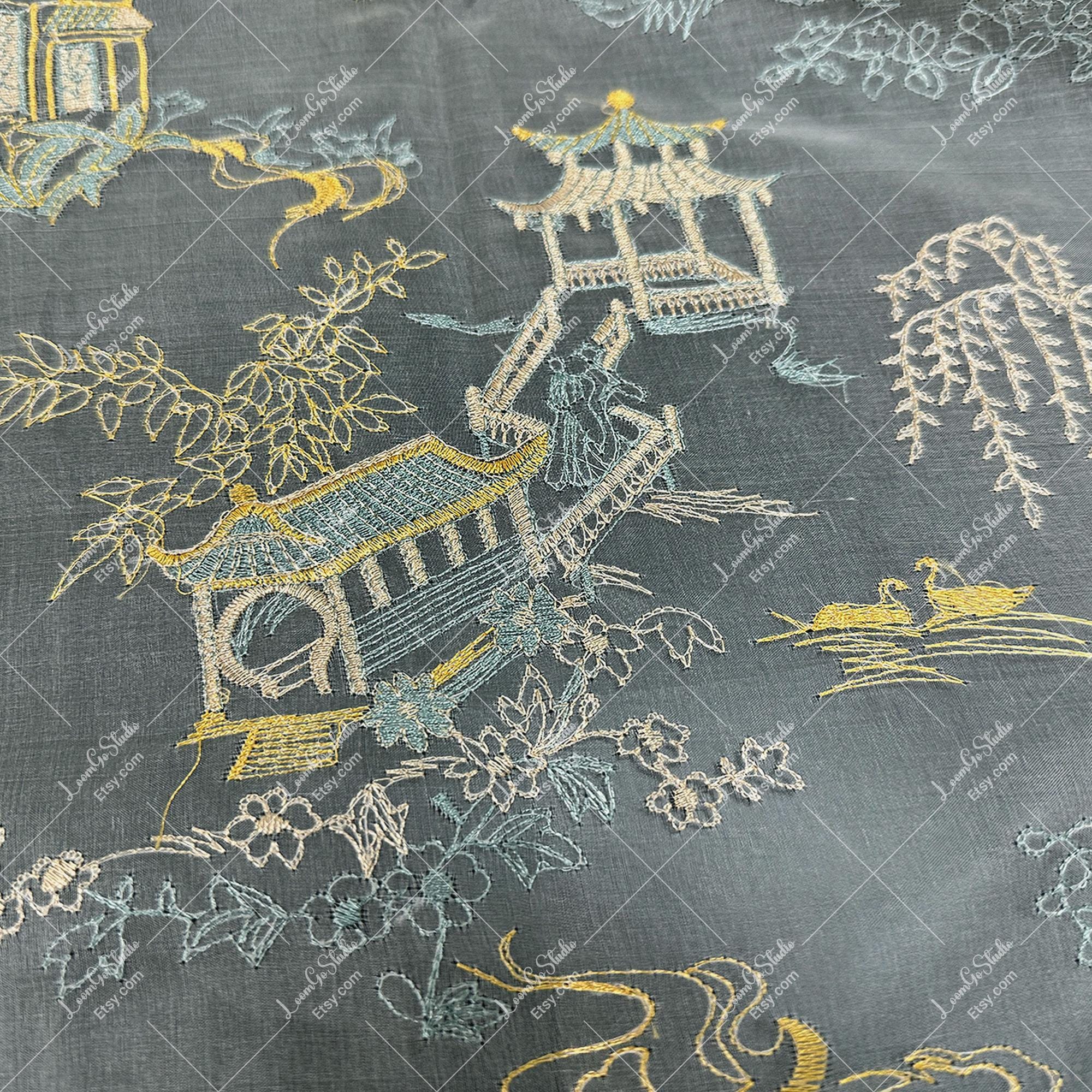 Mulberry Silk Organza Fabric: Chinese Pavilion Embroidery, Sheer Hanfu ...
