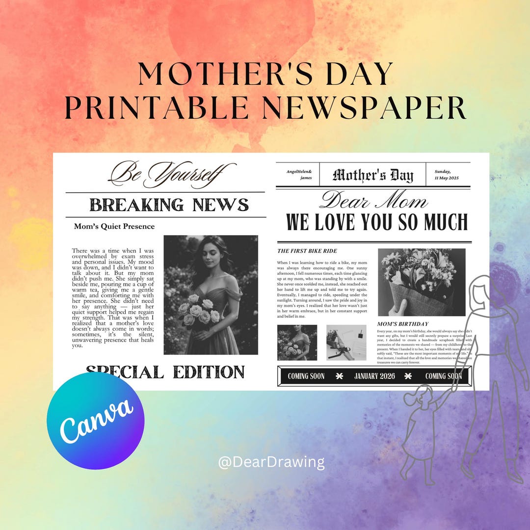 Editable Mothers Day Newspaper Template, Personalized Mother's Day Gift ...