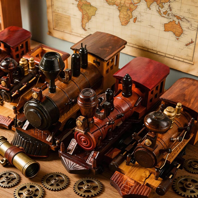 Vintage Wooden Train Model, Steam Locomotive Collectible, Rustic ...