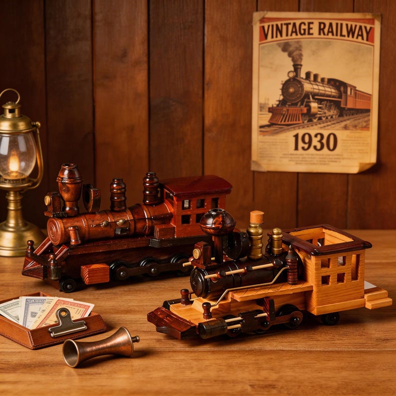 Vintage Wooden Train Model, Steam Locomotive Collectible, Rustic ...