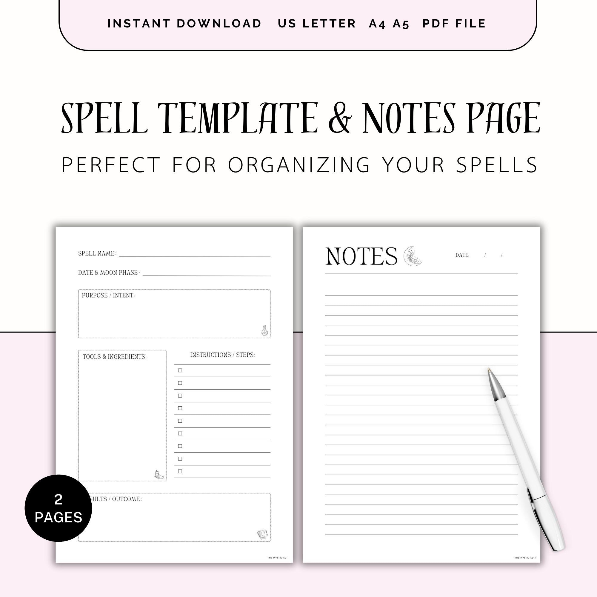 Spell Template & Notes Printable, Grimoire Page, Witchcraft Journal ...