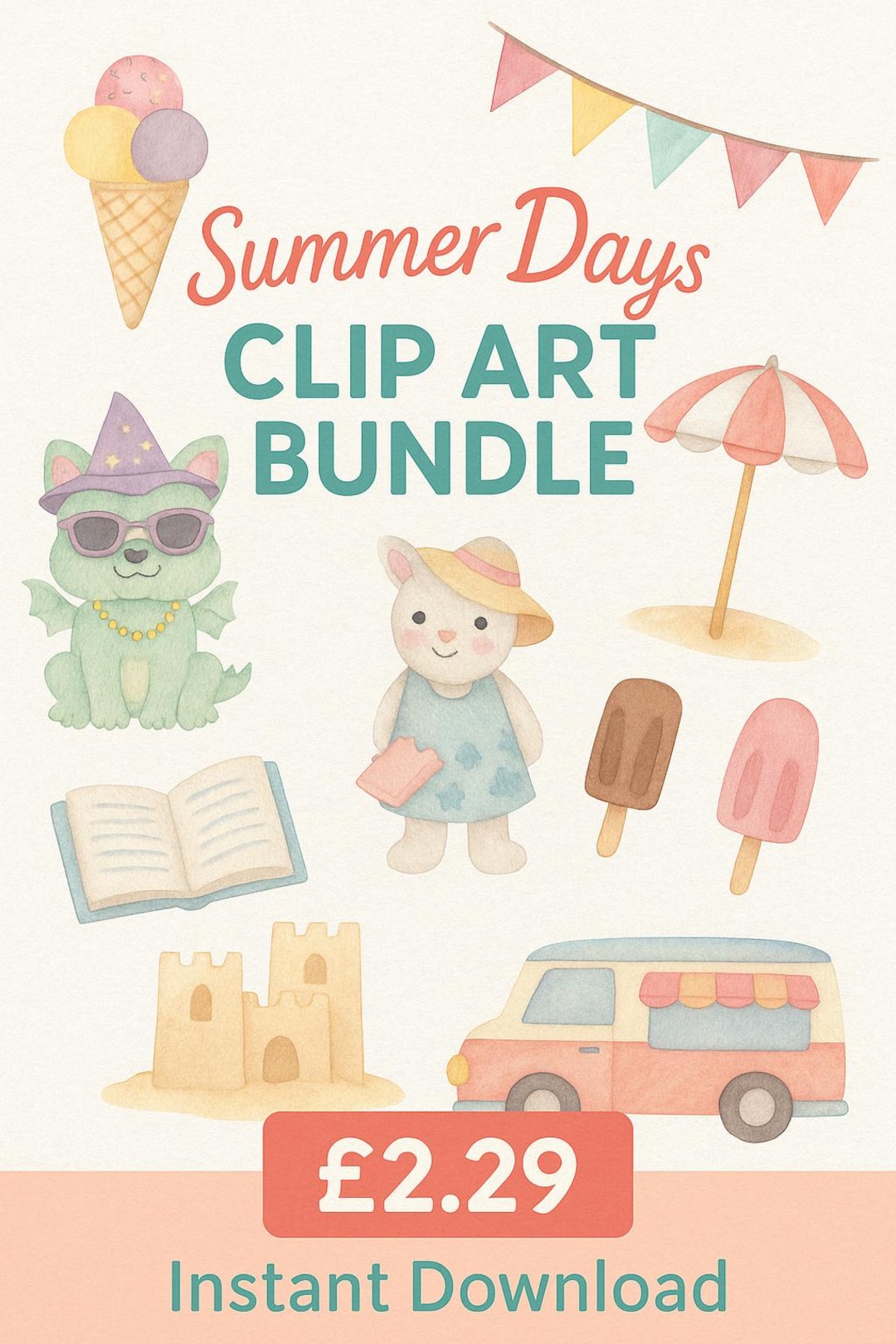 Summer Days Clip Art Bundle Watercolor Pastel Set With Mythical Friends ...