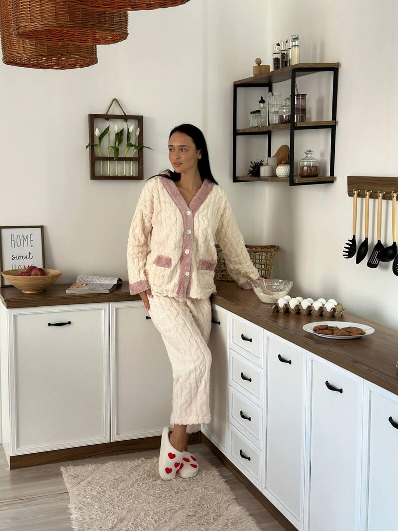 Cozy Fluffy Loungewear Set for Women, Warm Two-piece Pajama Set With ...