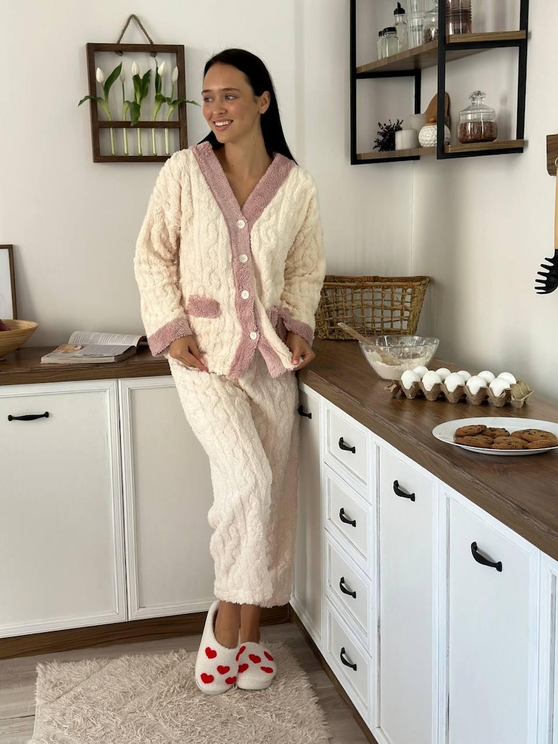 Cozy Fluffy Loungewear Set for Women, Warm Two-piece Pajama Set With ...