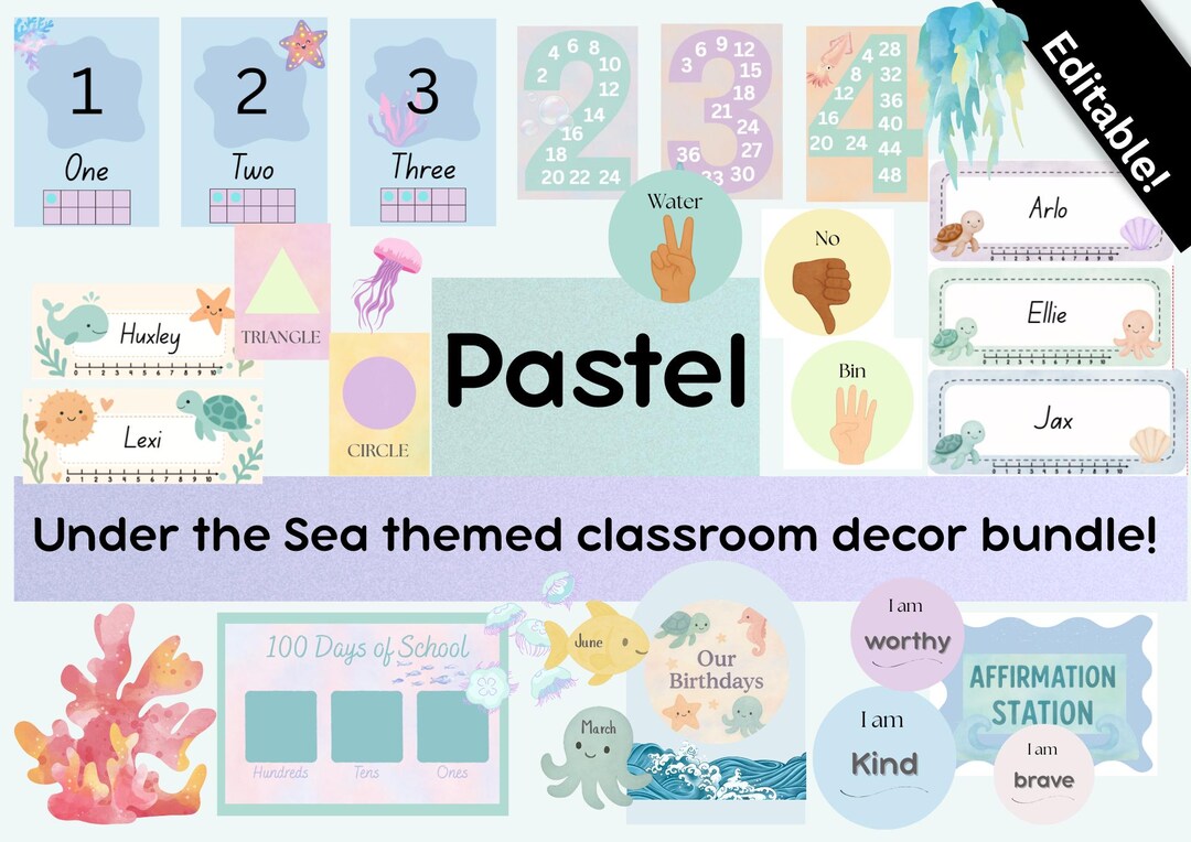 Editable Pastel Under the Sea Classroom Decor Bundle Pastel Free ...