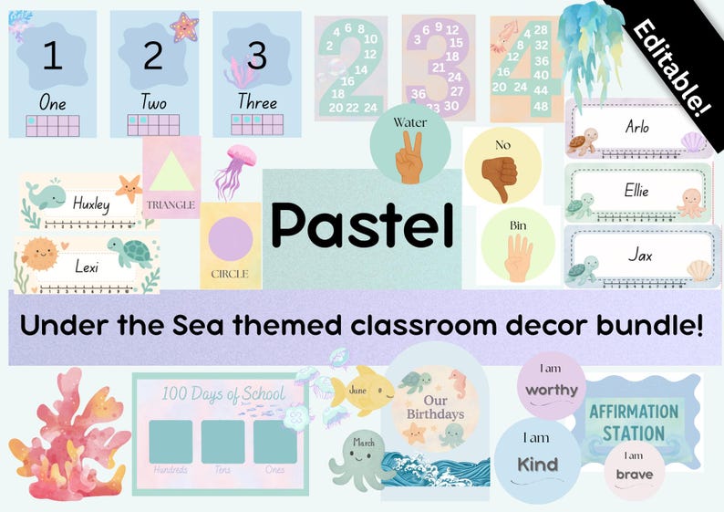 Editable Pastel Under the Sea Classroom Decor Bundle Pastel Free ...