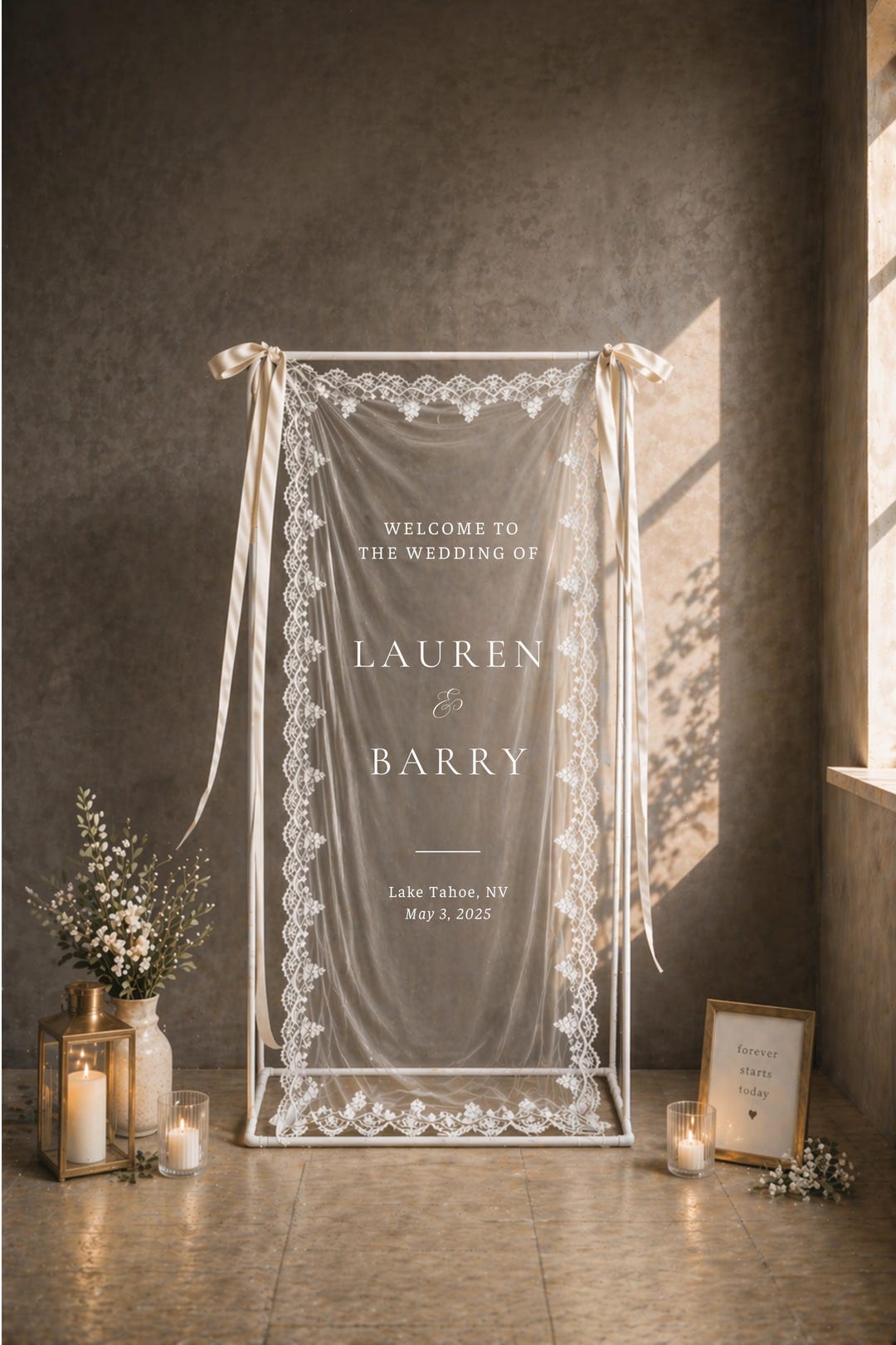 Sheer Lace Wedding Welcome Sign, Personalized Bridal Shower Banner ...