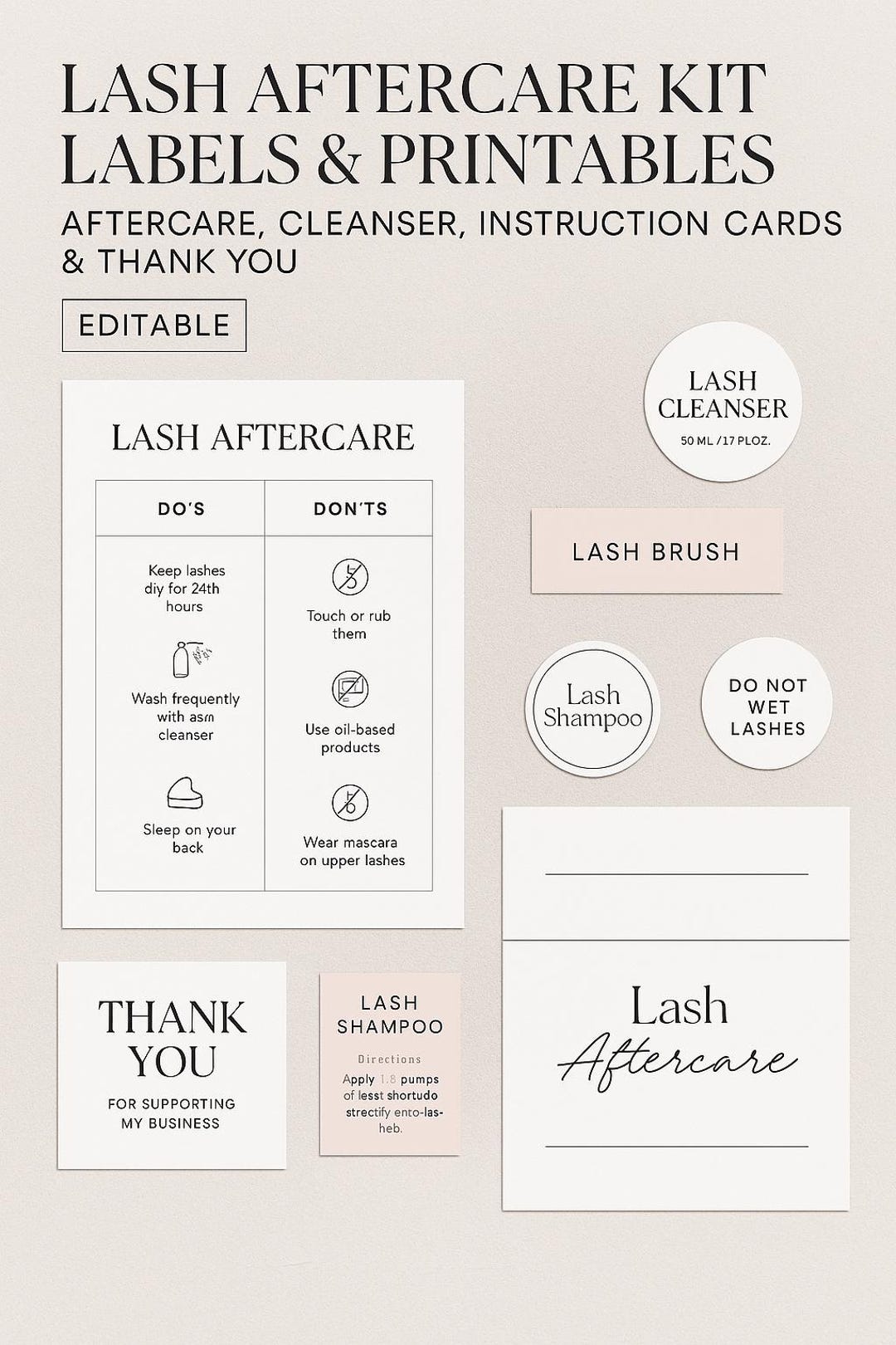 Lash Aftercare Kit Labels + Printables | Editable Lash Cleanser ...