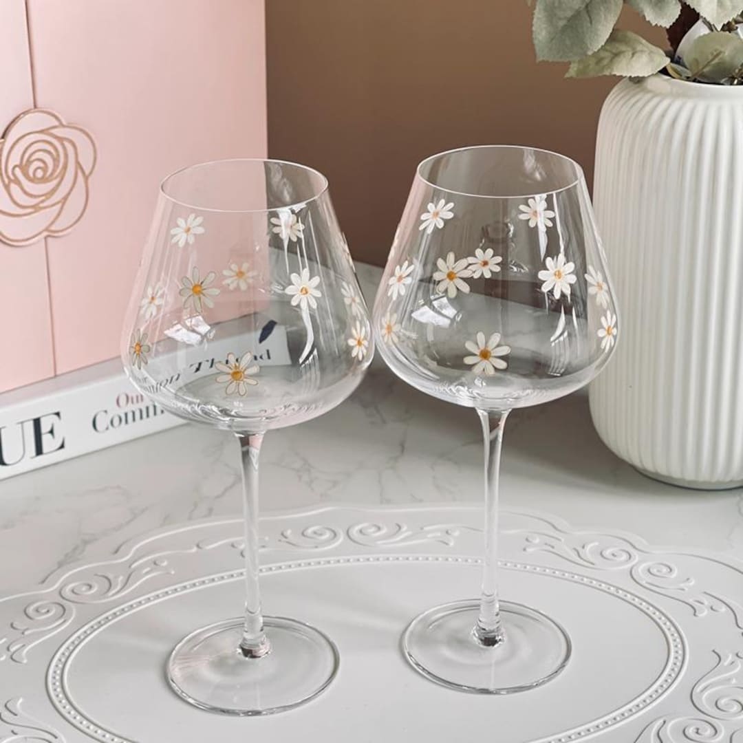 Hand Painted Crystal Daisy Wine Glass Stemmed, Wine Lover Summer ...
