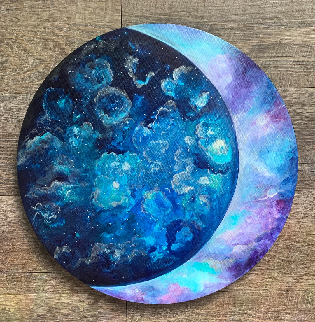 Colorful Crescent Moon Acrylic Painting: Planets & Stars Art - Etsy