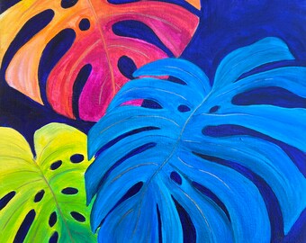 Large Monstera PAINTING on Canvas Acrylic Green Leaves - Etsy