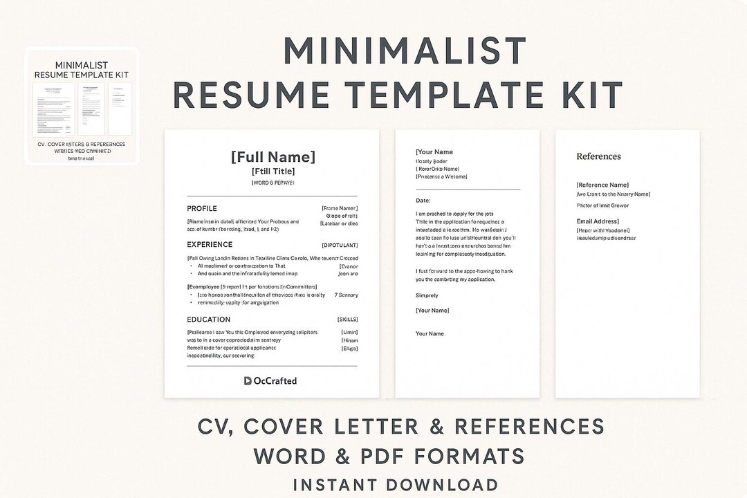 Minimalist Resume Template Kit | CV + Cover Letter + References ...