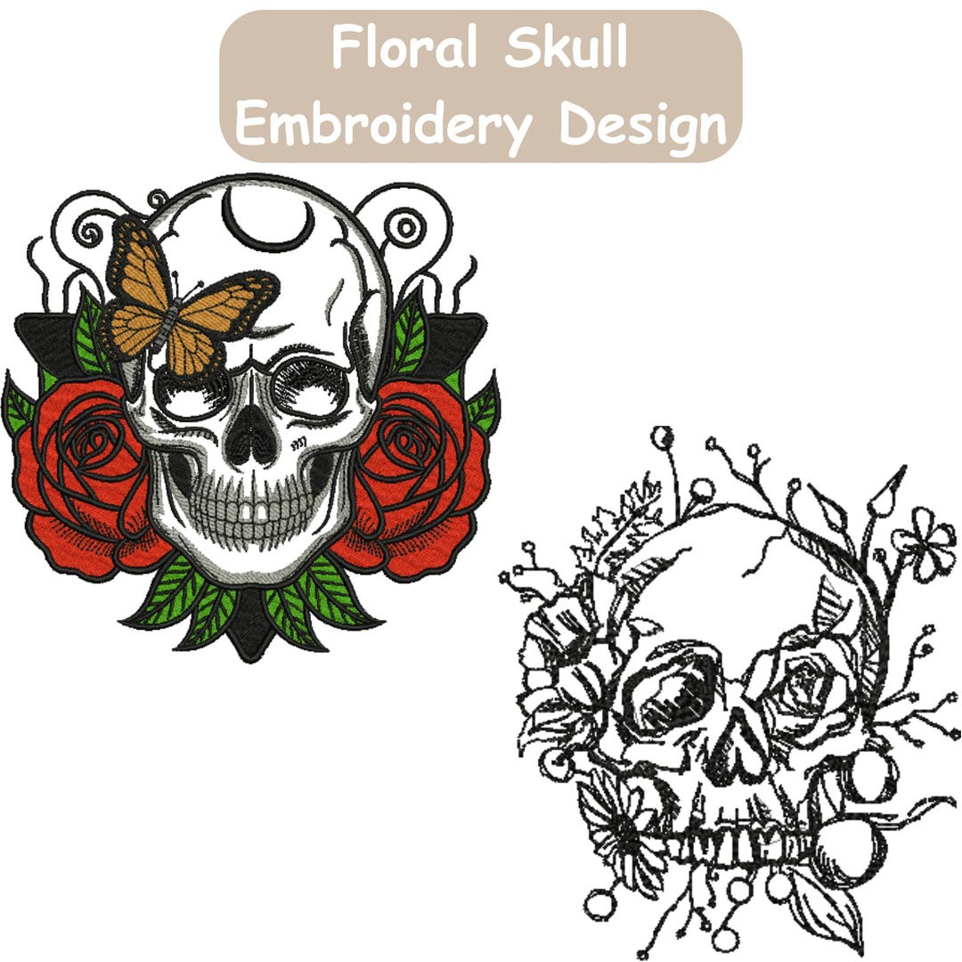 Skull Embroidery Design, Roses and Flowers Motif, Pirate Skull ...