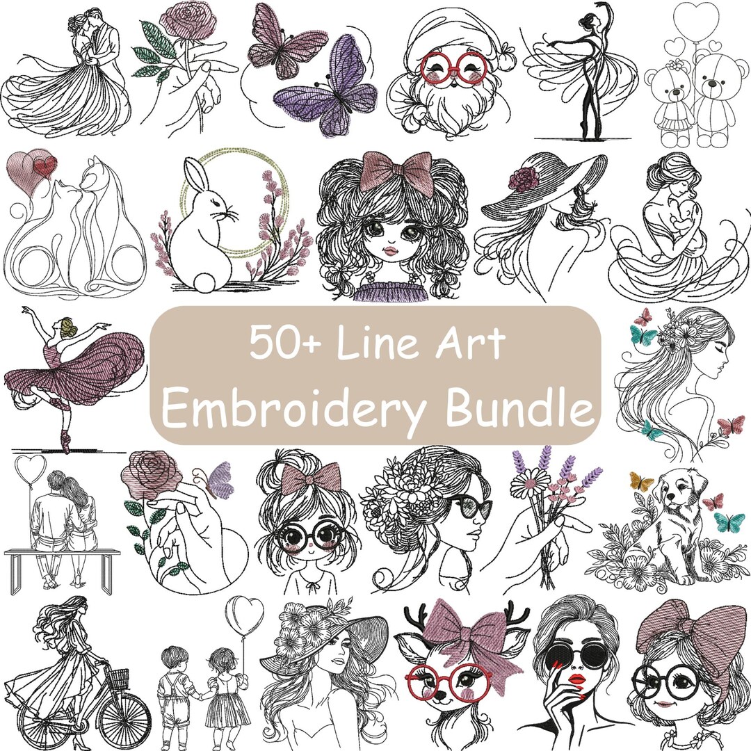 50+ Line Art Embroidery Bundle, Floral Girl Face, Butterflies, Couples ...