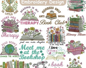 Book Lover Embroidery Bundle | Reading Quotes Embroidery Designs | Book ...