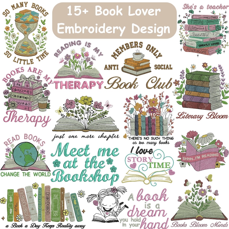 Book Lover Embroidery Bundle | Reading Quotes Embroidery Designs | Book ...