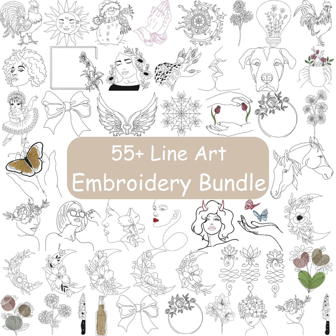 Line Art Embroidery Design, Butterfly Line Art Embroidery, Floral Lady ...