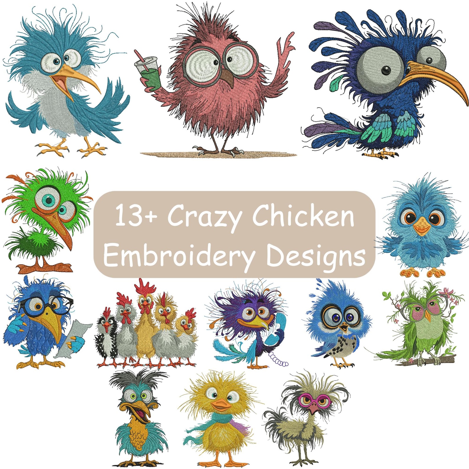 Funny Crazy Chicken Embroidery Design, Crazy Chicken Embroidery Bundle ...