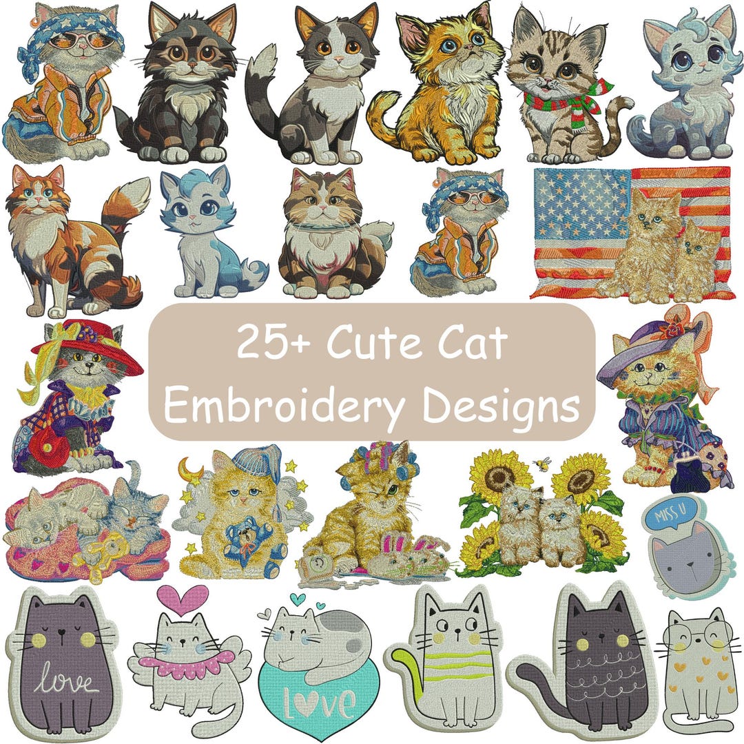 Cat Embroidery Design, Floral Cat Embroidery, Cute Cat Embroidery ...
