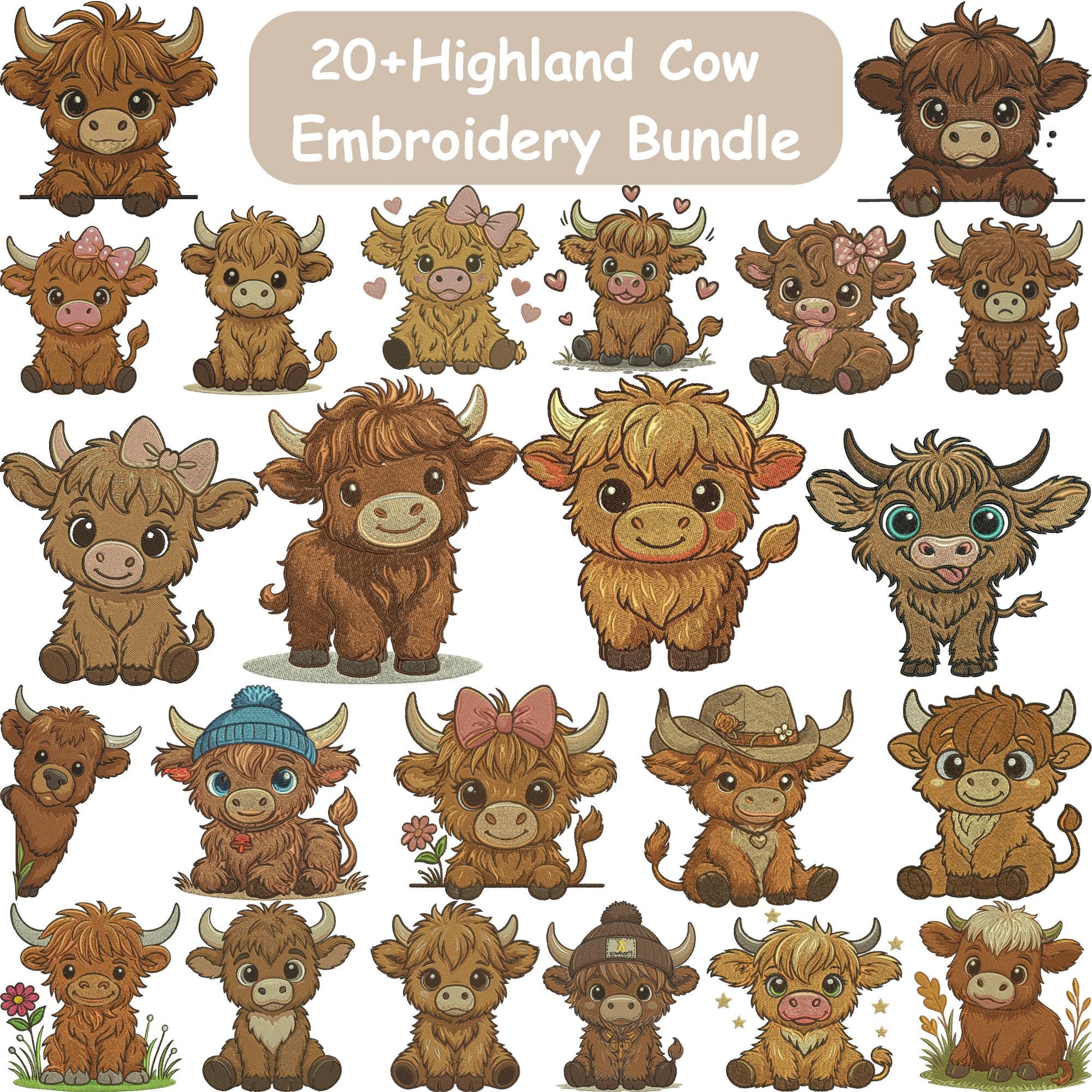 Highland Cow Embroidery Design, Cute Baby Highland Cow Embroidery ...