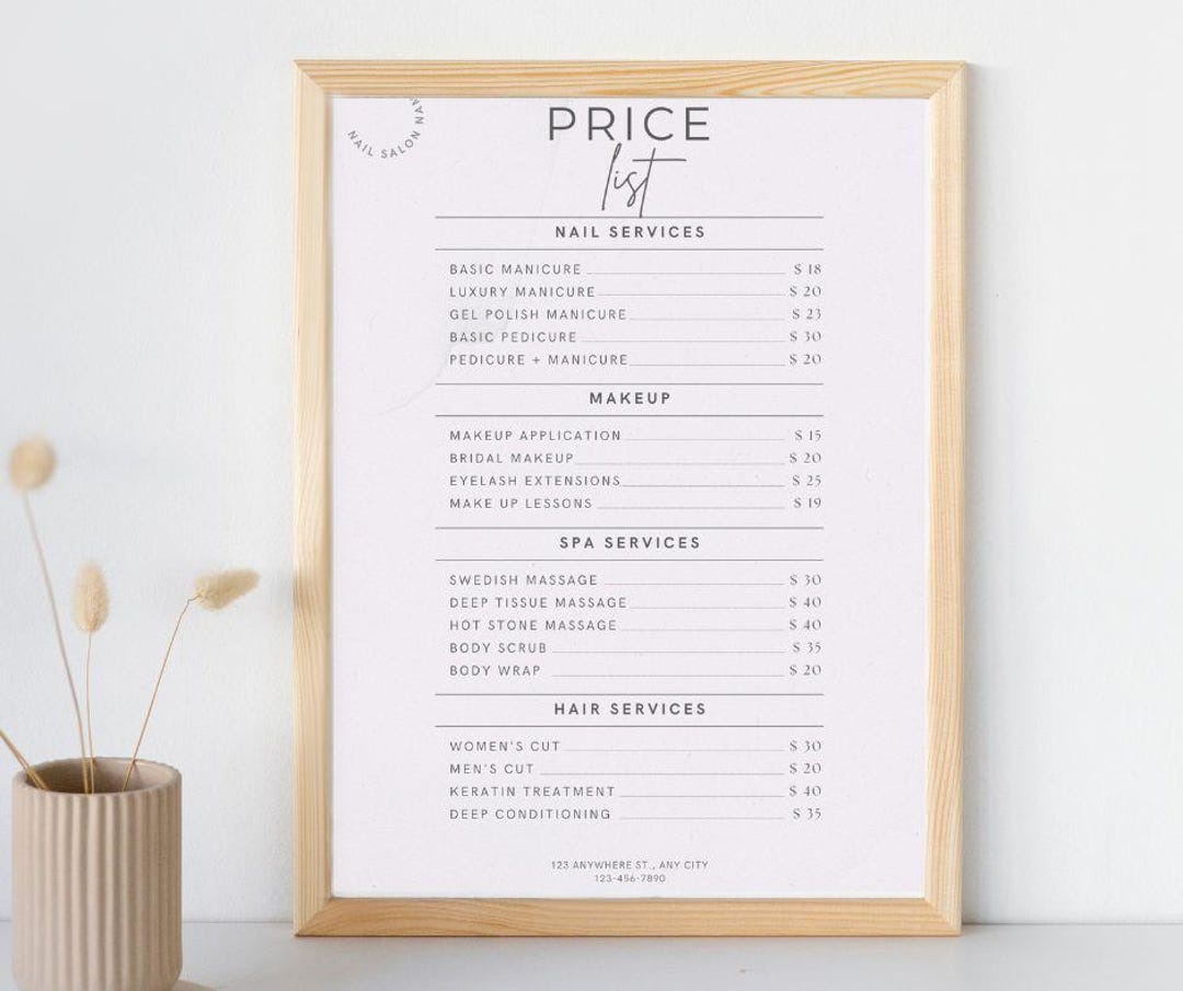 Editable Beauty Salon Price List Template | Printable Services Menu ...