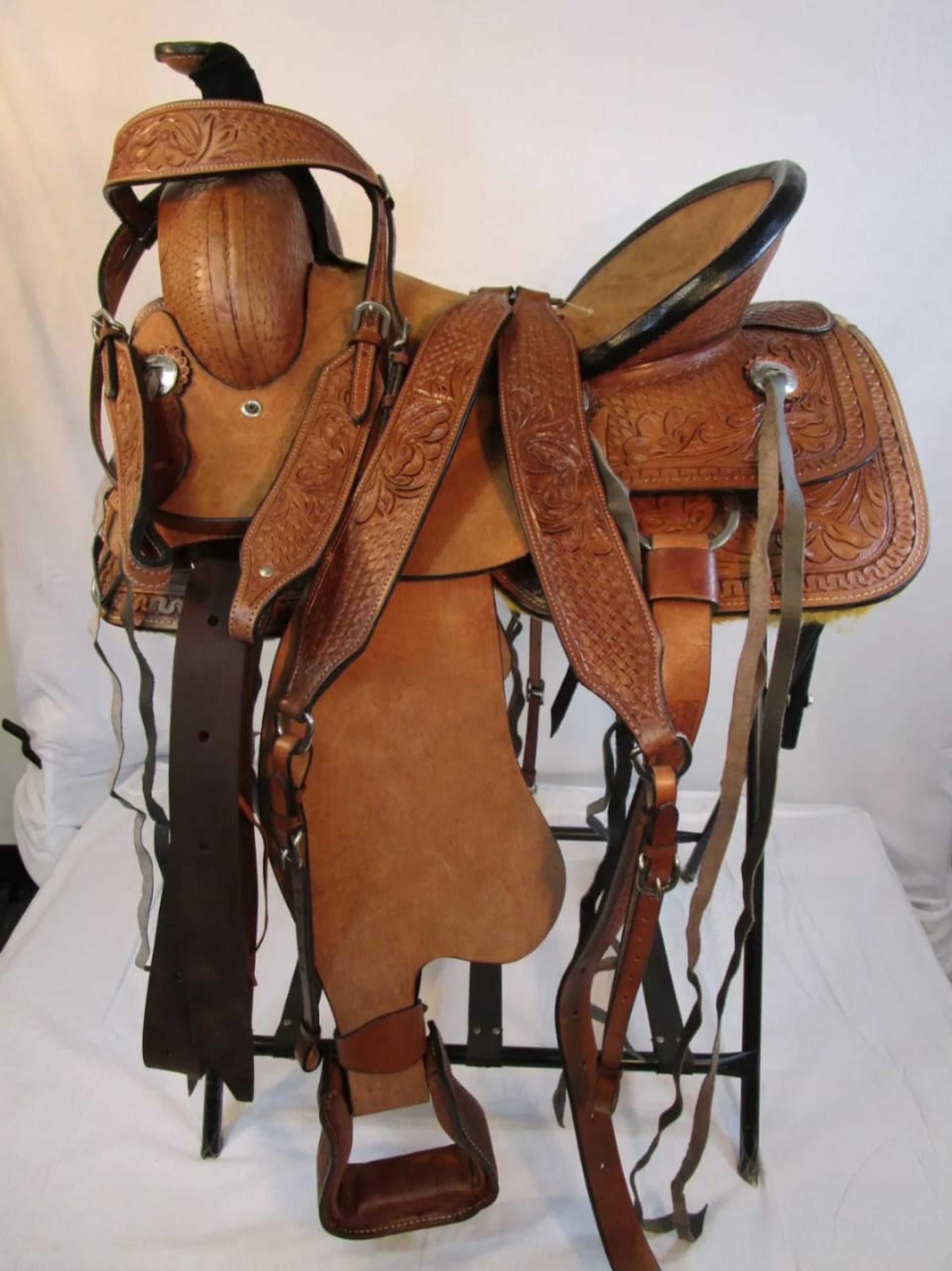 Western Saddle Trail Pleasure Tooled Leather Horse Ranch Roping Tack 16 ...