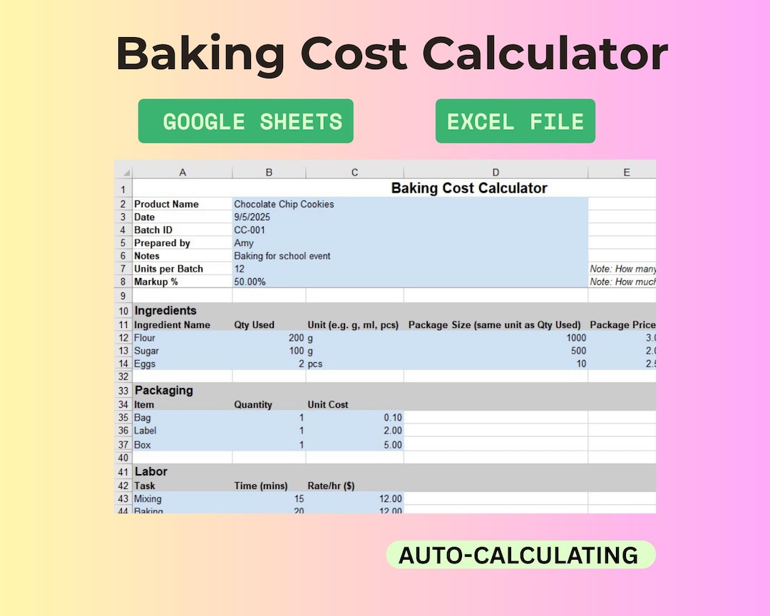 Baking Cost Calculator Spreadsheet | Recipe Pricing Tool for Home Bakers | Google Sheets and ...
