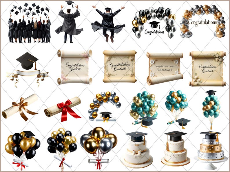 Graduation Clipart Bundle, Graduation PNG, Black Cap and Gown Clipart ...