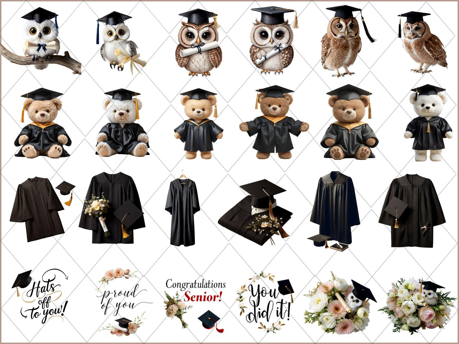 Graduation Clipart Bundle, Graduation PNG, Black Cap and Gown Clipart ...