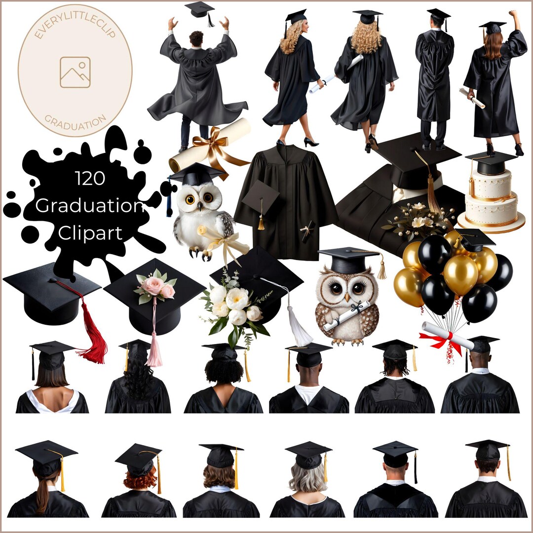 Graduation Clipart Bundle, Graduation PNG, Black Cap and Gown Clipart ...
