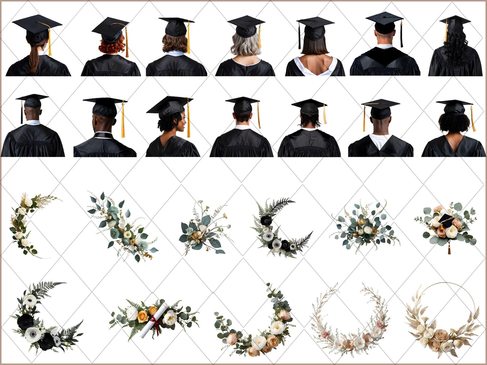 Graduation Clipart Bundle, Graduation PNG, Black Cap and Gown Clipart ...