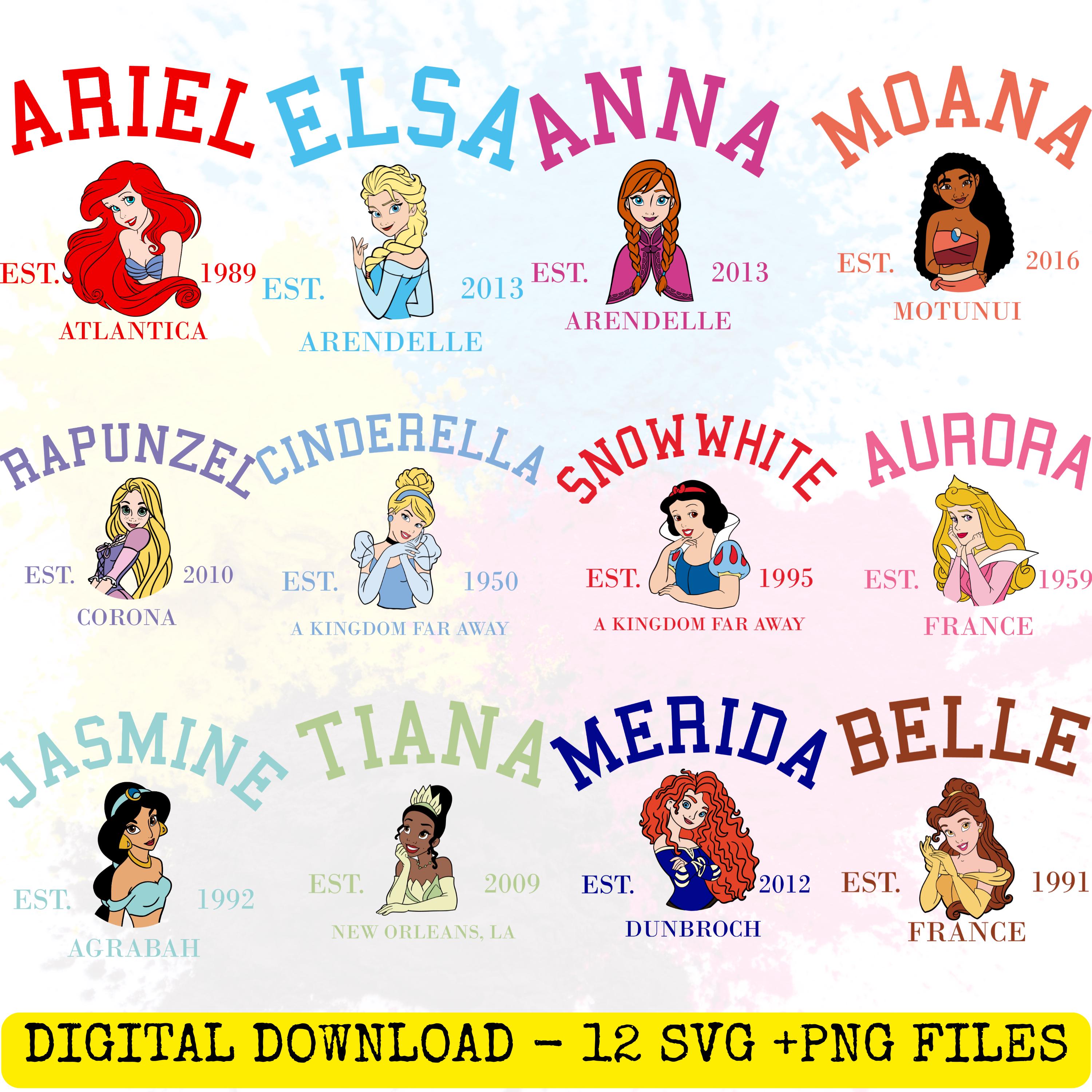 Disney Princess PNG SVG Bundle, Ariel Elsa Anna Rapunzel Est. City ...