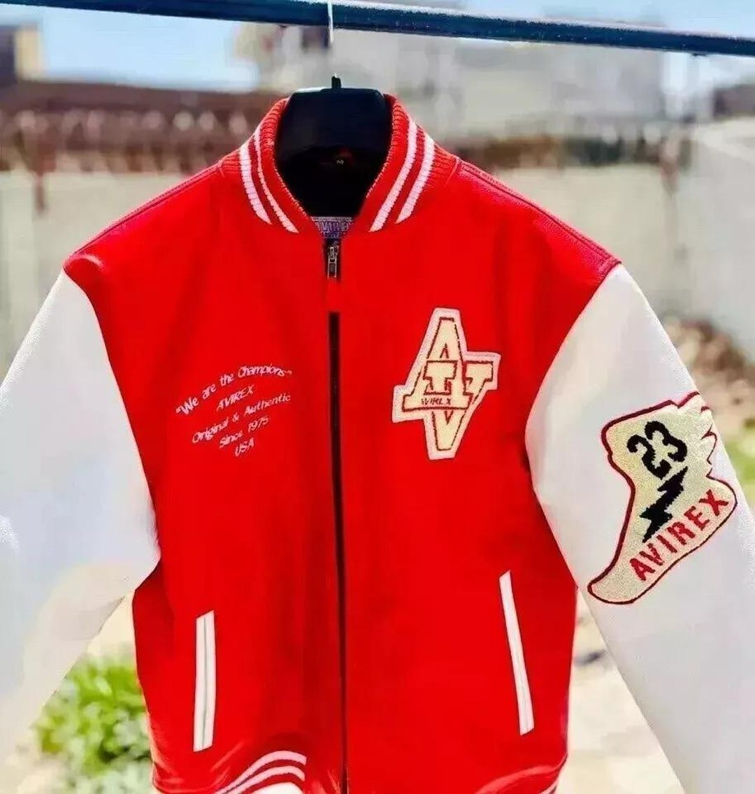 Men's Avirex Red & White Bomber Jacket Genuine Cowhide Leather Jacket ...
