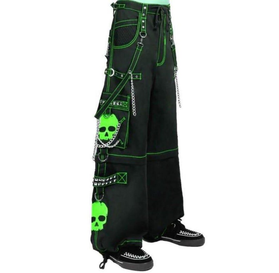 Gothic Cargo Pants for Men | Black Neon Green Skull Trousers | Chain ...
