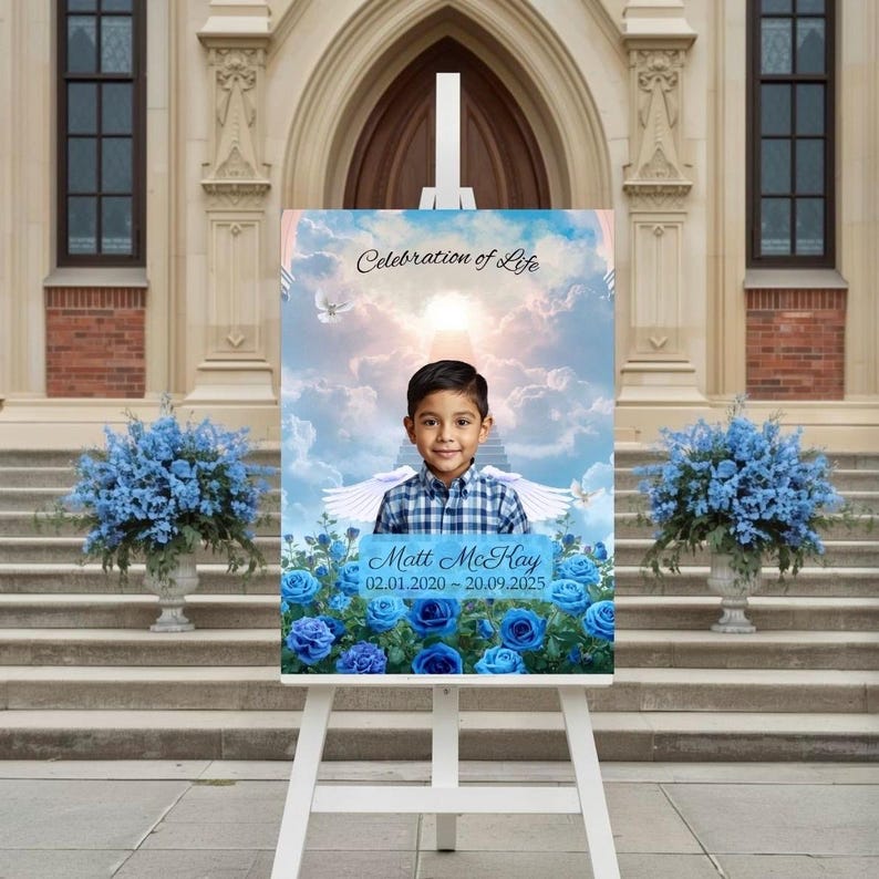 Child Memorial Welcome Sign | Blue Roses, Angel Wings Celebration of ...