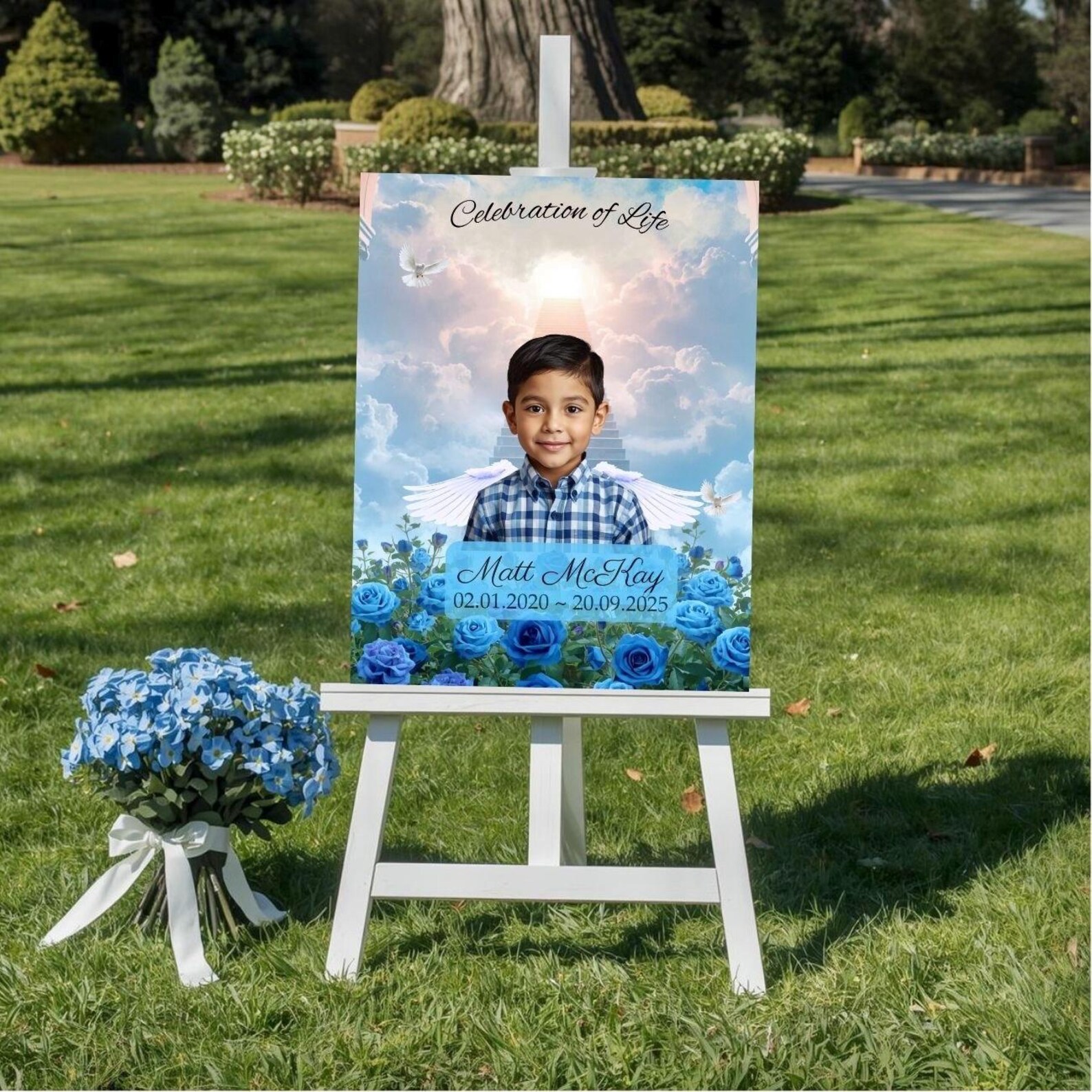Child Memorial Welcome Sign | Blue Roses, Angel Wings Celebration of ...