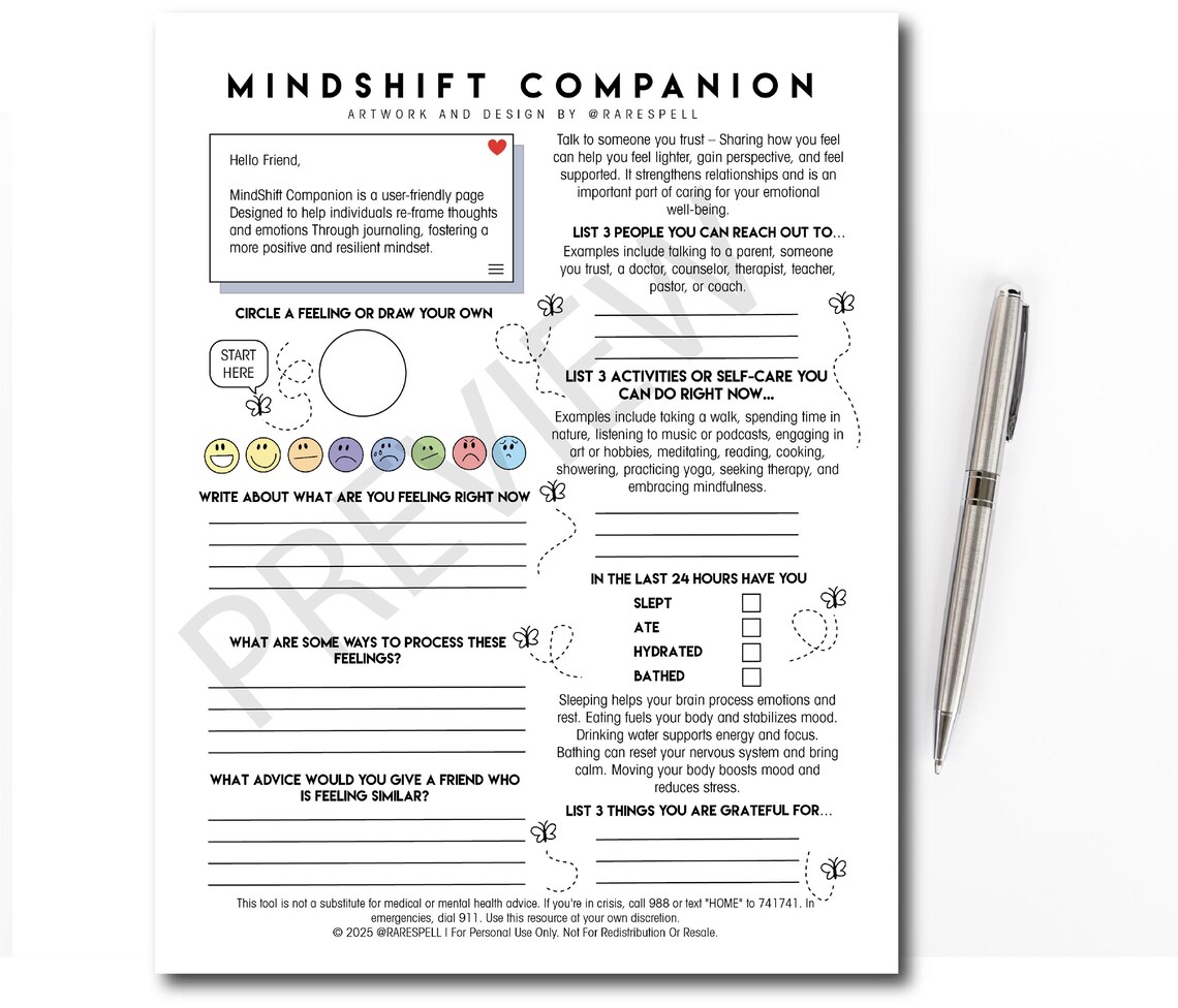 Mindshift Mood Tracker, Printable Digital Download, Mental Health Journal, Positive Affirmation ...