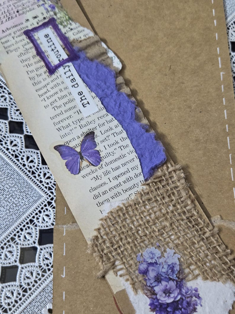 Handmade Collage Bookmark: Earth Journey, Burlap & Floral - Etsy