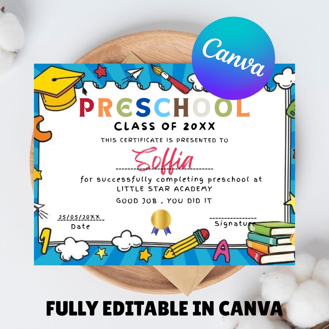 Editable Preschool Diploma With Photo, Graduation Certificate ...