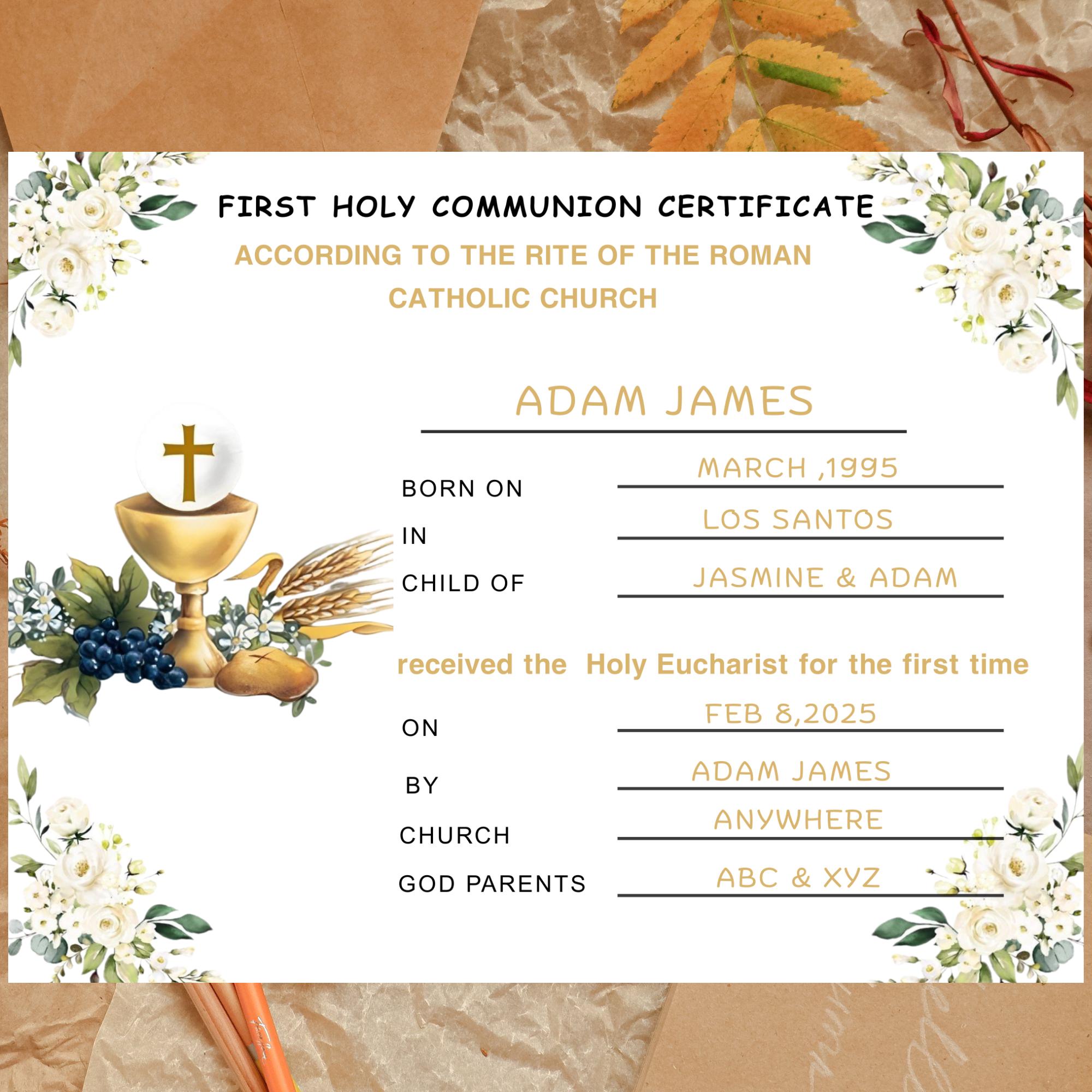 First Communion Certificate Template, Editable First Holy Communion ...