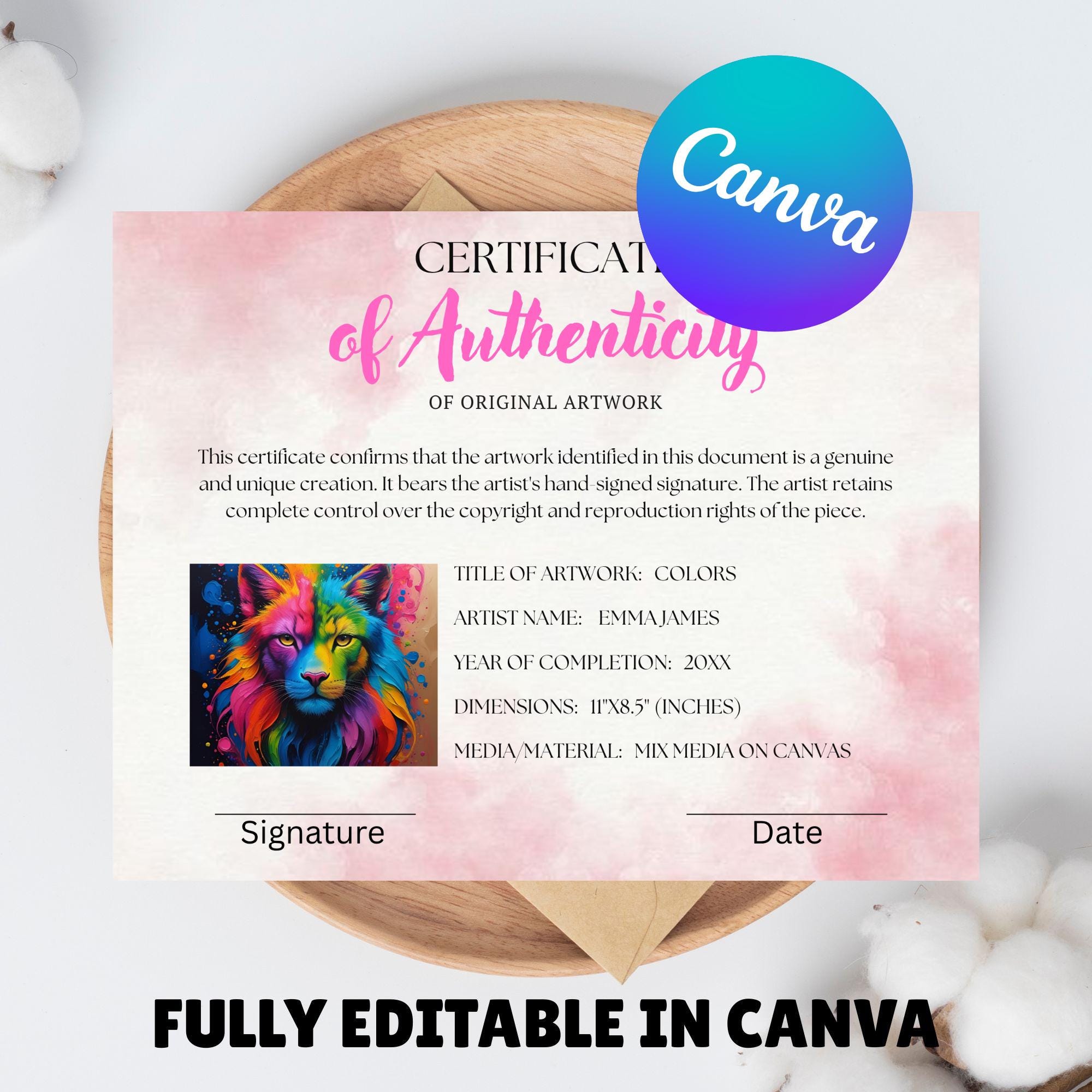 Certificate of Authenticity for Art, Editable Artist Certificate of ...