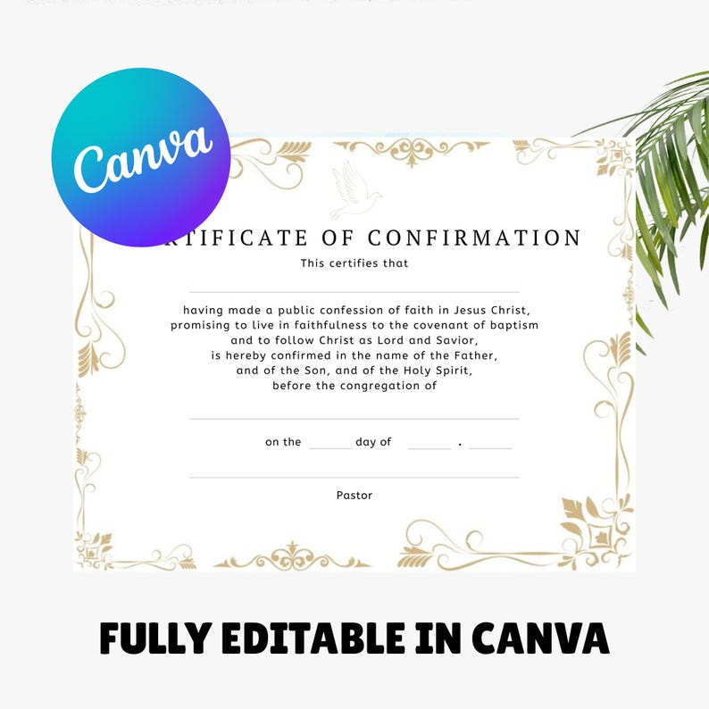 Certificate of Confirmation Template, Sacrament of Confirmation Digital ...