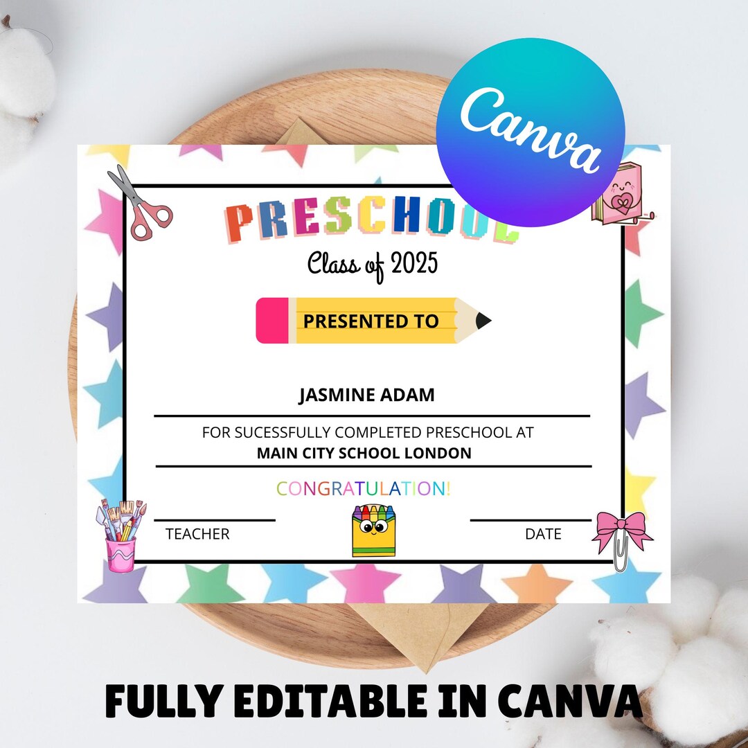 Printable Preschool Graduation Certificate Canva Template Editable ...