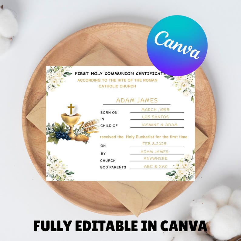 First Communion Certificate Template, Editable First Holy Communion ...