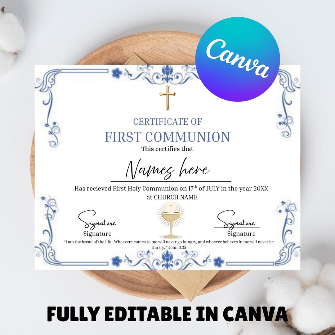 First Communion Certificate, 11x8.5 Printable First Communion ...