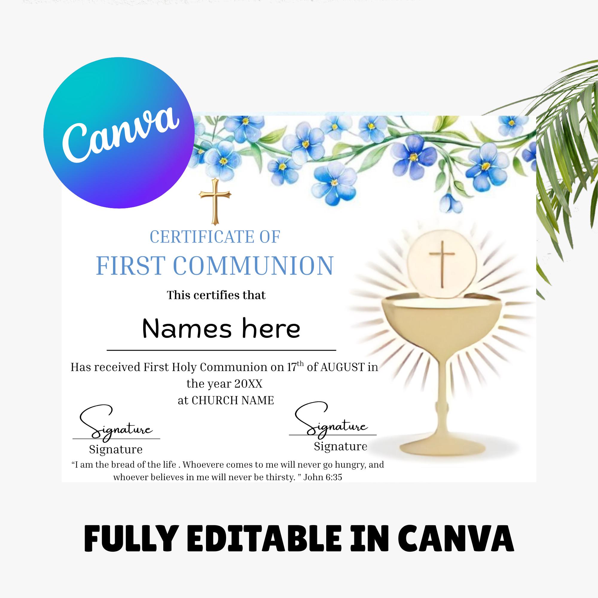 First Holy Communion Certificate Catholic Church Certificate First ...