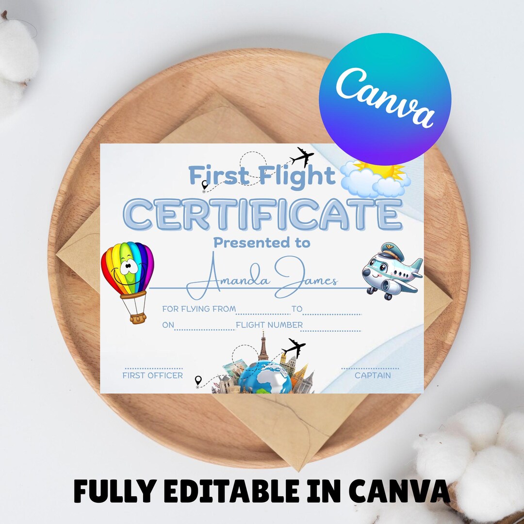 First Flight Certificate for Kids, Editable Toddler's First Flight ...