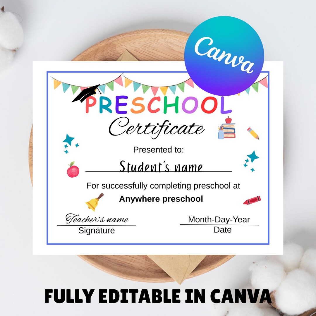 Printable Preschool Graduation Certificate Canva Template Editable ...
