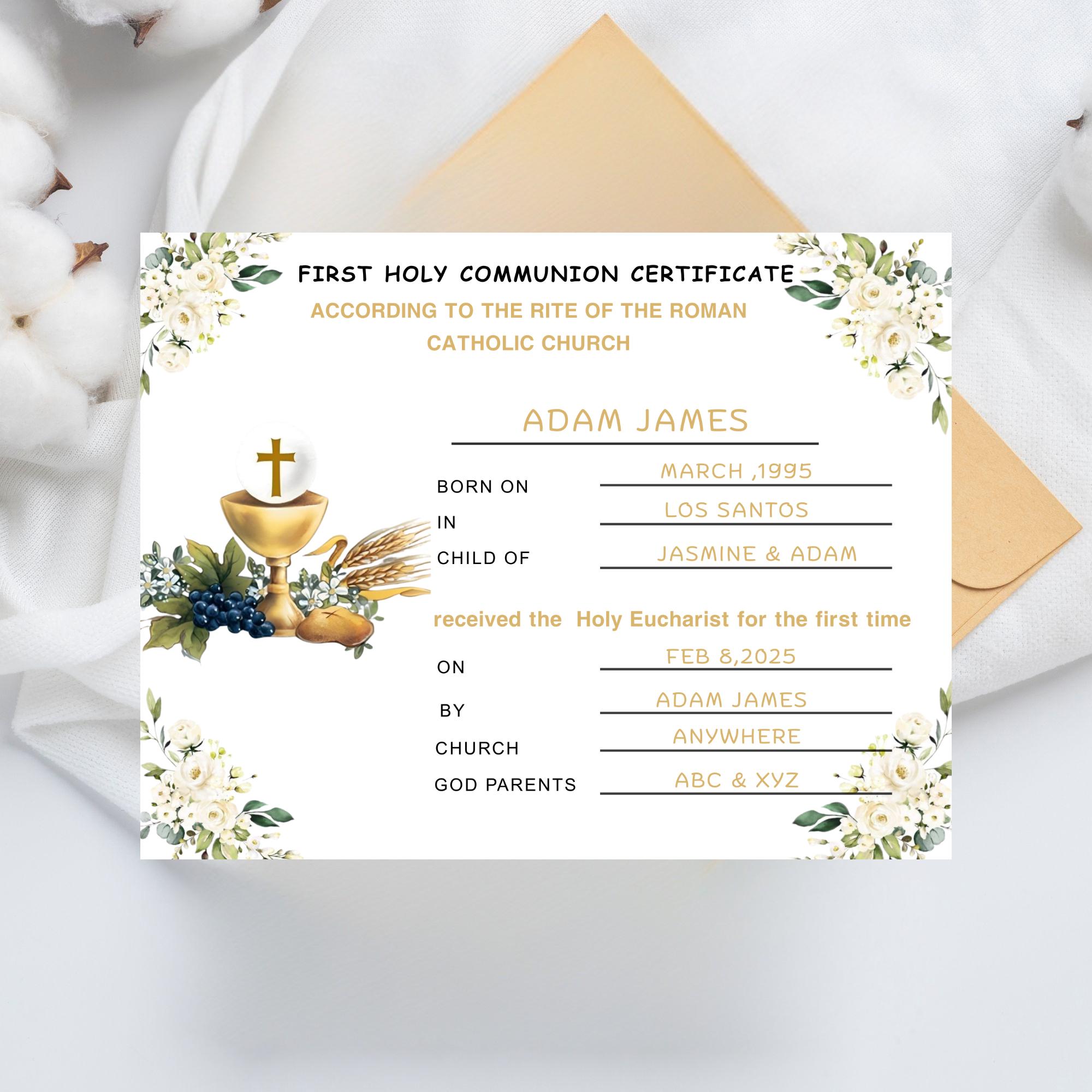 First Communion Certificate Template, Editable First Holy Communion ...