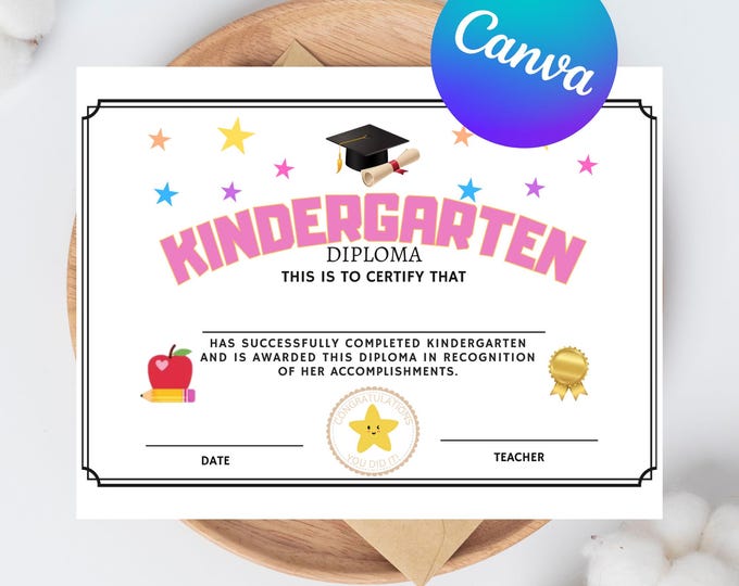 Kindergarten Graduation Certificate, Customizable Kindergarten Diploma ...